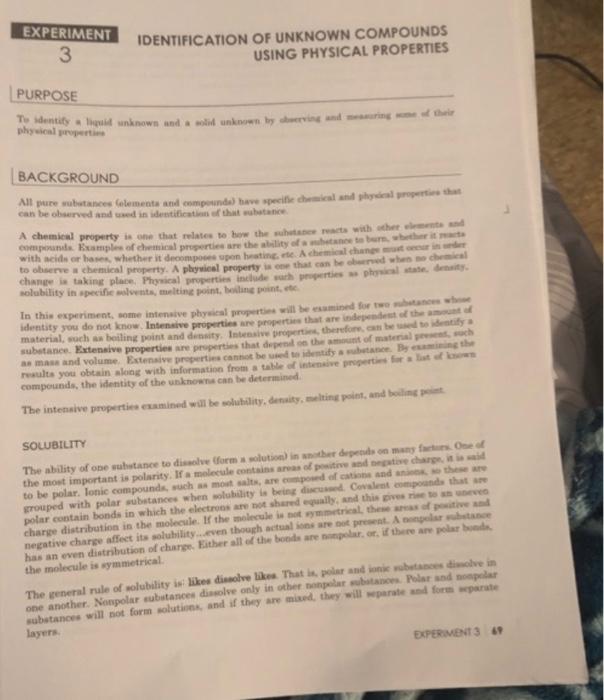Solved EXPERIMENT 3 IDENTIFICATION OF UNKNOWN COMPOUNDS | Chegg.com