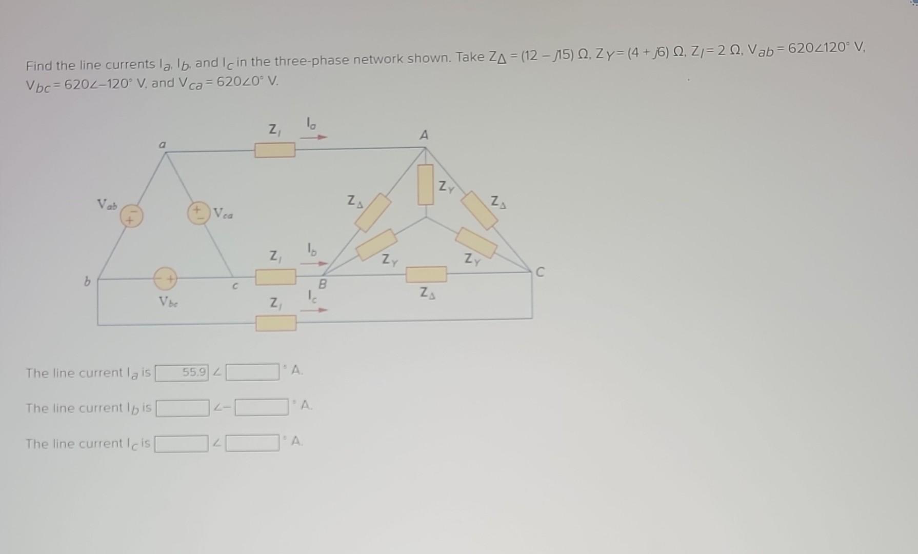 [Solved]: Find the line currents Ia,Ib, and IC in the t