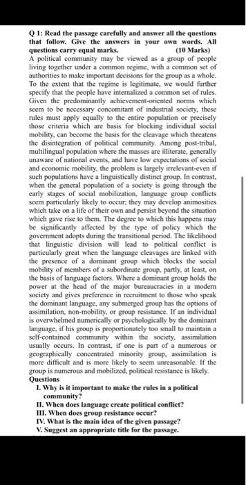 Solved Q1: Read the passage carefully and answer all the | Chegg.com