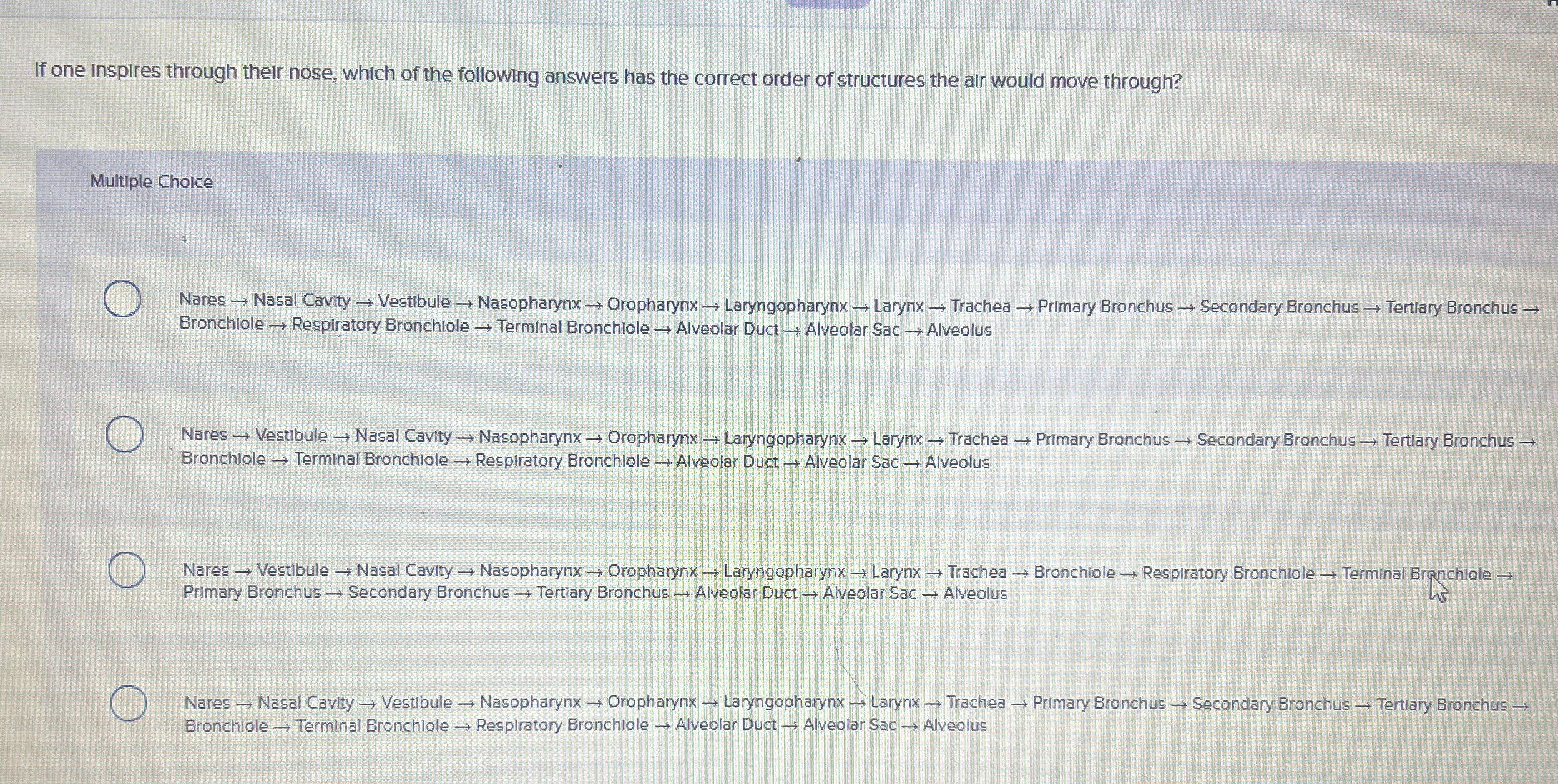 Solved If one inspires through their nose, which of the | Chegg.com