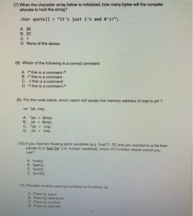 Solved (7) When the character array below is initialized, | Chegg.com