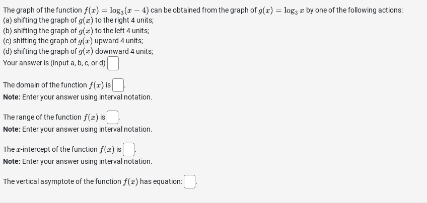 Solved The graph of the function f(x)=log3(x-4) ﻿can be | Chegg.com