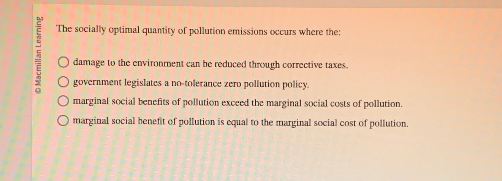 Solved The socially optimal quantity of pollution emissions | Chegg.com