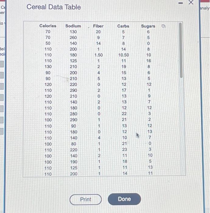 Solved The provide a of information about 67 cereals in a | Chegg.com