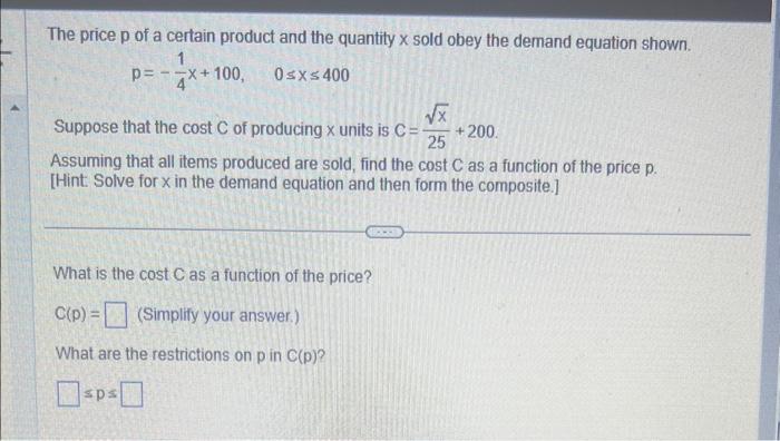 Solved The price p of a certain product and the quantity x | Chegg.com