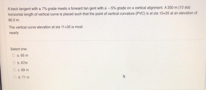Solved A back tangent with a 7% grade meets a forward tan | Chegg.com