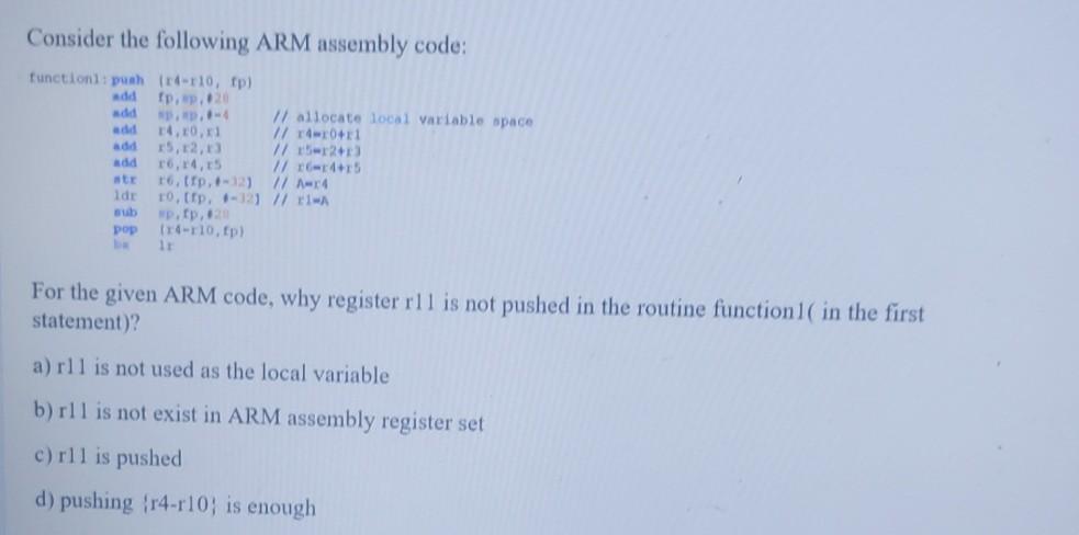 Solved Consider the following ARM assembly code: function | Chegg.com