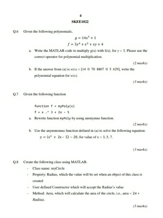 SKEE 1022 Q.6 Given the following polynomials, 9 = | Chegg.com