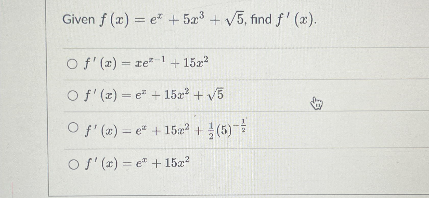 Solved Given f(x)=ex+5x3+52, ﻿find | Chegg.com