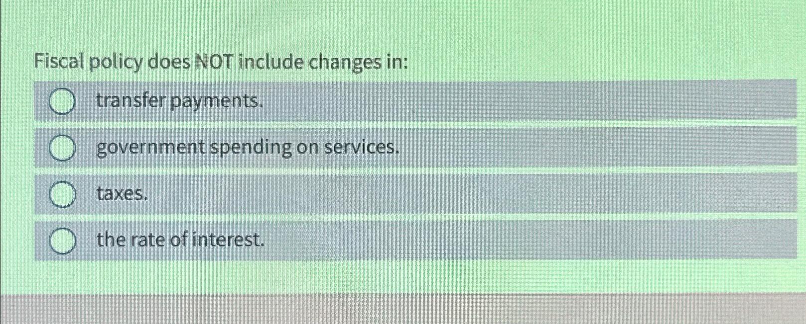 Solved Fiscal policy does NOT include changes in: | Chegg.com