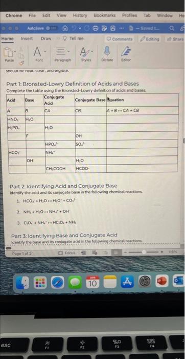 Solved Part 1 Bronsted Lowry Definition Of Acids And Bases