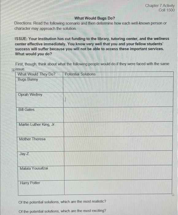 Solved What Would Bugs Do? Directions: Read the following | Chegg.com