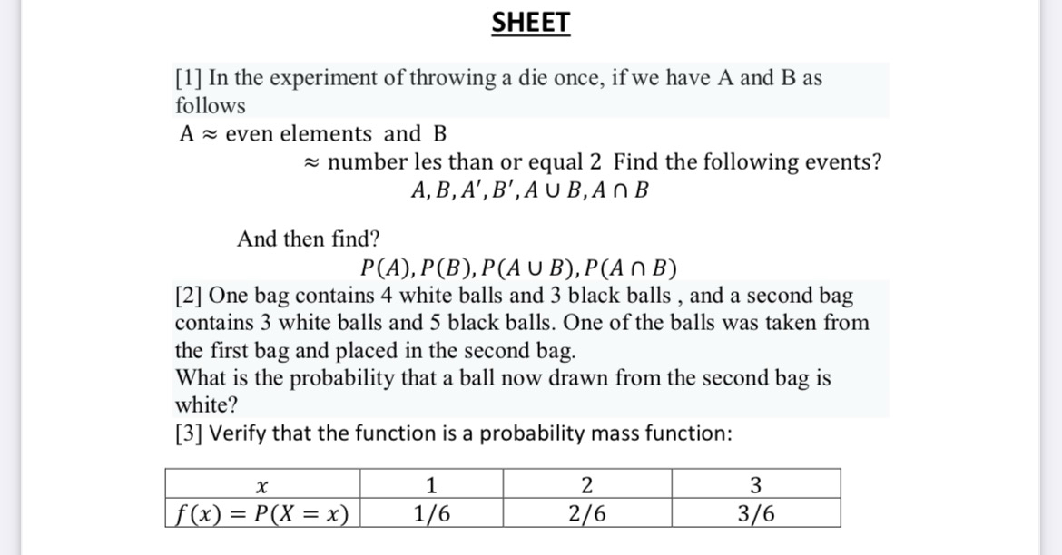 Solved SHEET[1] ﻿In the experiment of throwing a die once, | Chegg.com