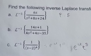 Solved Find the following inverse Laplace | Chegg.com