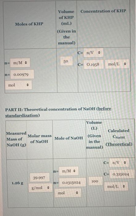 Solved Concentration of KHP Moles of KHP Volume of KHP (ml) | Chegg.com