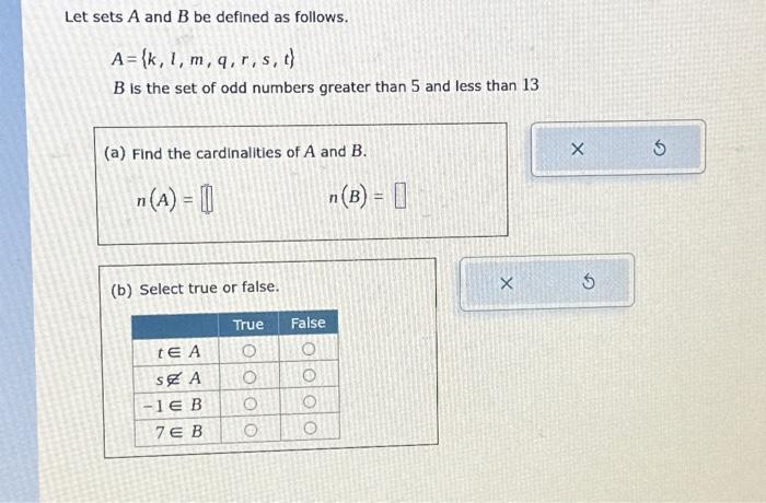 Solved Let sets A and B be defined as follows. A={k, l, m, | Chegg.com