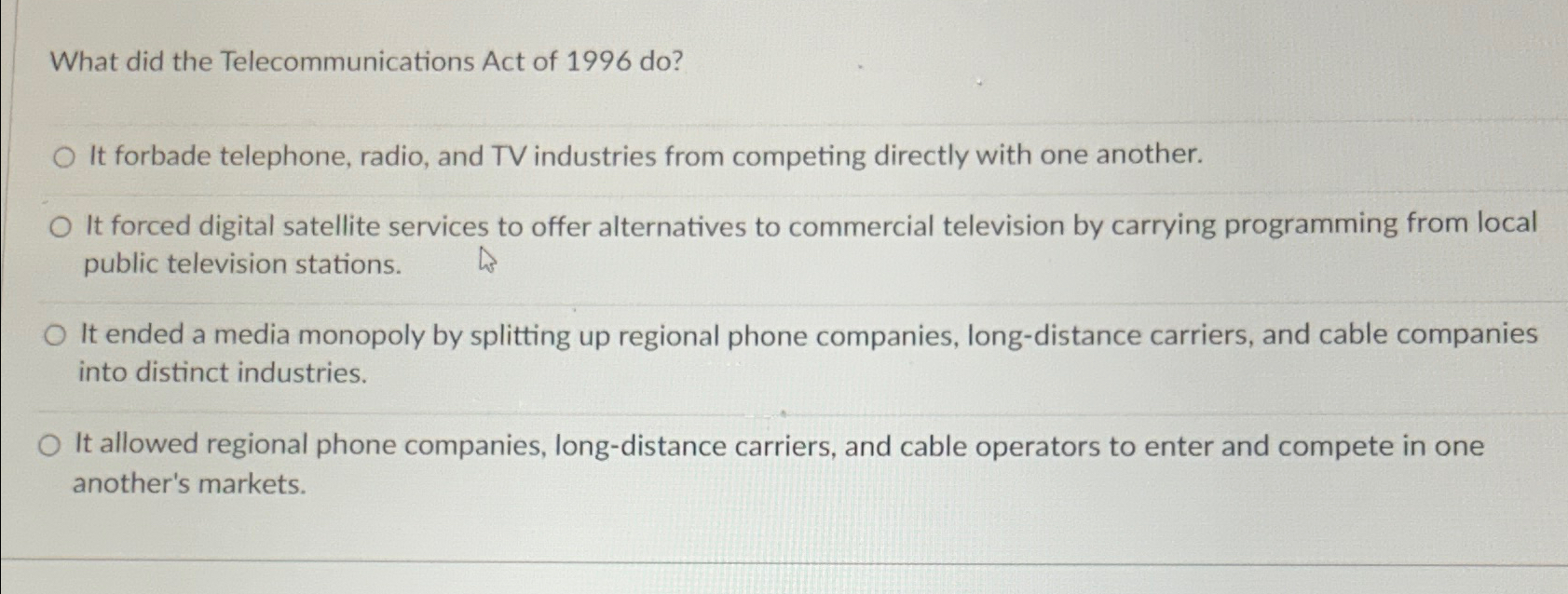 Solved What did the Telecommunications Act of 1996 ﻿do?It | Chegg.com
