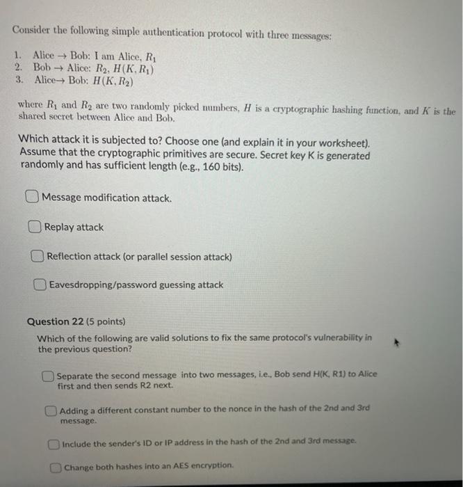 Solved Consider the following simple authentication protocol | Chegg.com