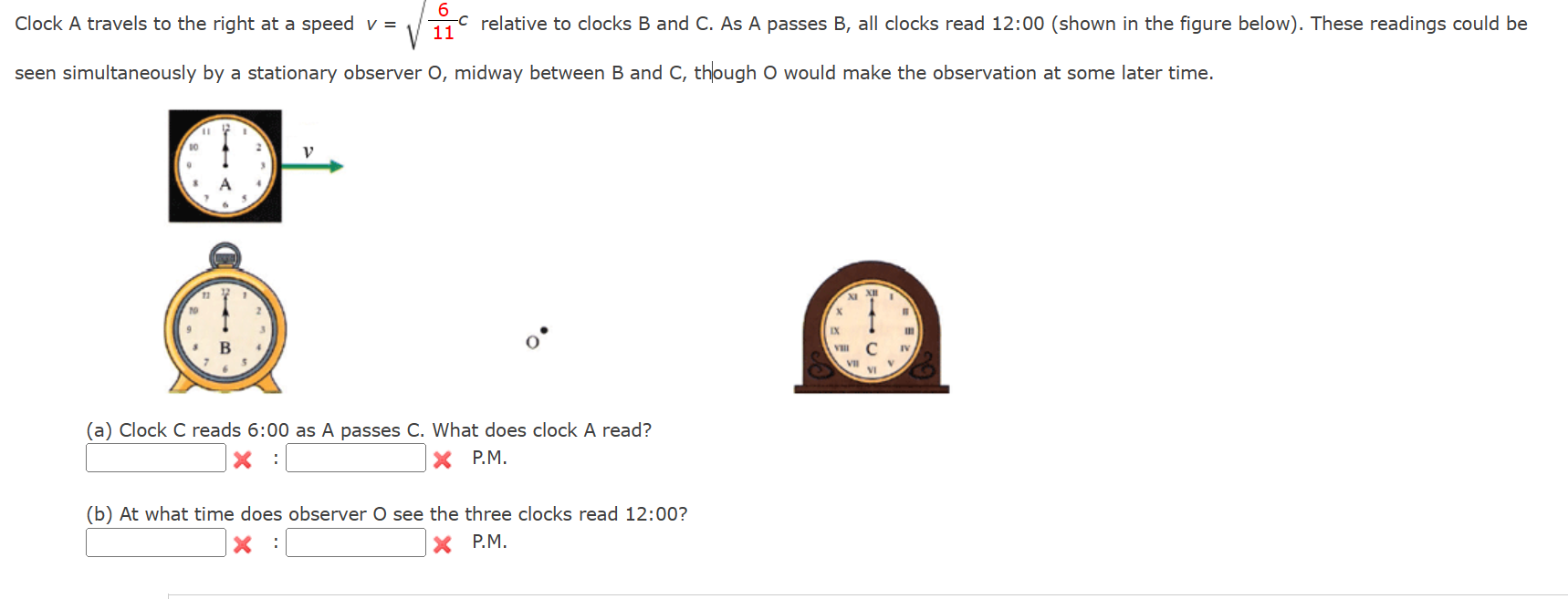 Solved Clock A travels to the right at a speed v=6112c | Chegg.com