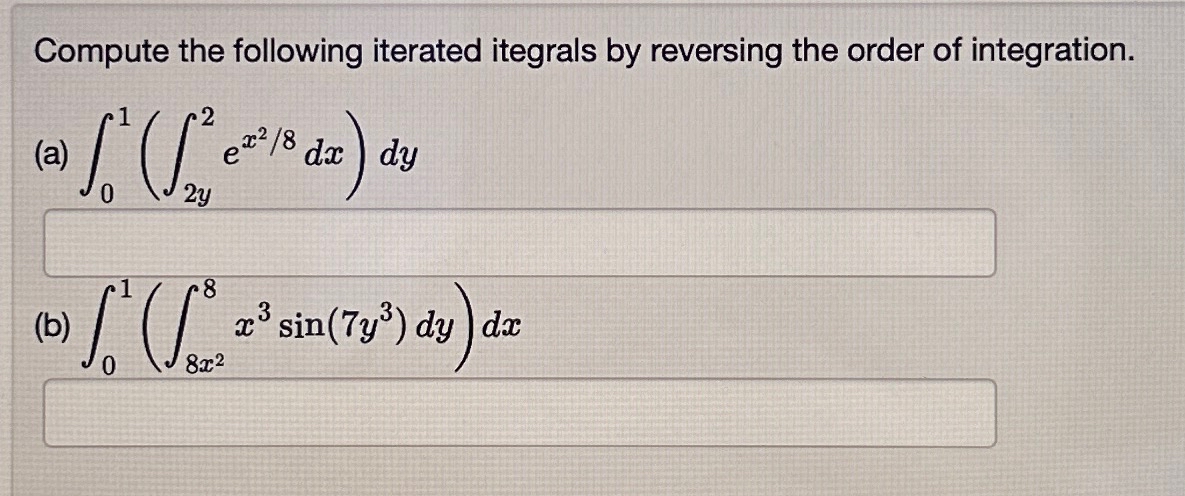 Solved Compute the following iterated itegrals by reversing | Chegg.com