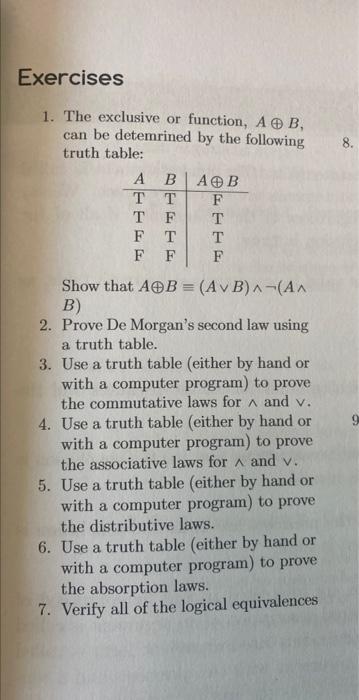 Solved Exercises 8. 1. The exclusive or function, AB, can be | Chegg.com