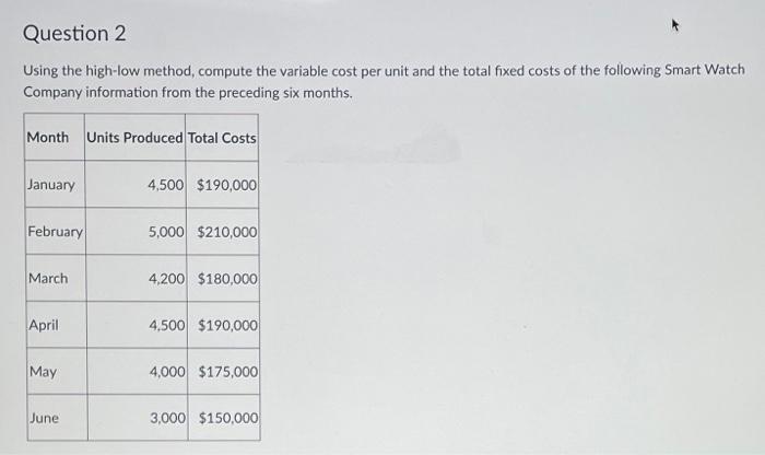 Solved Question 2 Using the high-low method, compute the | Chegg.com