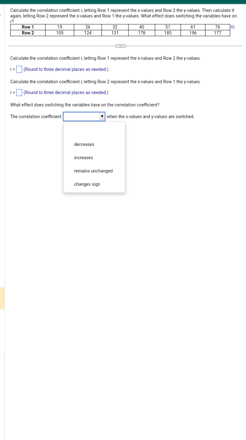 Solved Calculate the correlation coefficient r, letting Row | Chegg.com