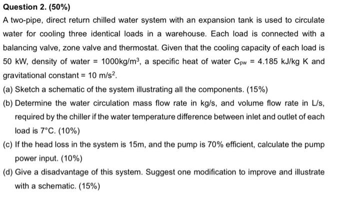 Solved Question 2. (50%) A two-pipe, direct return chilled | Chegg.com