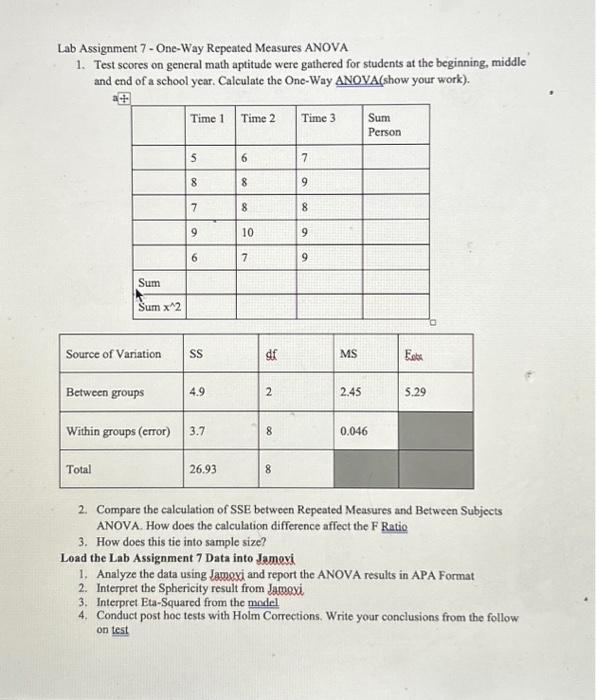 Solved Lab Assignment 7 - One-Way Repeated Measures ANOVA 1. | Chegg.com