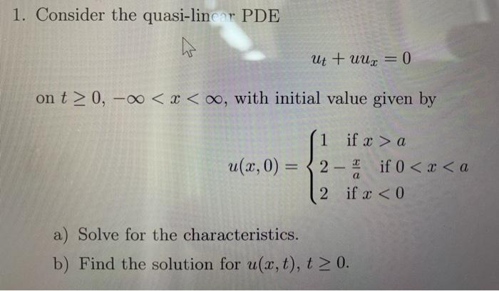 Solved 1. Consider the quasi-linear PDE Ut + uux = 0 ont > | Chegg.com
