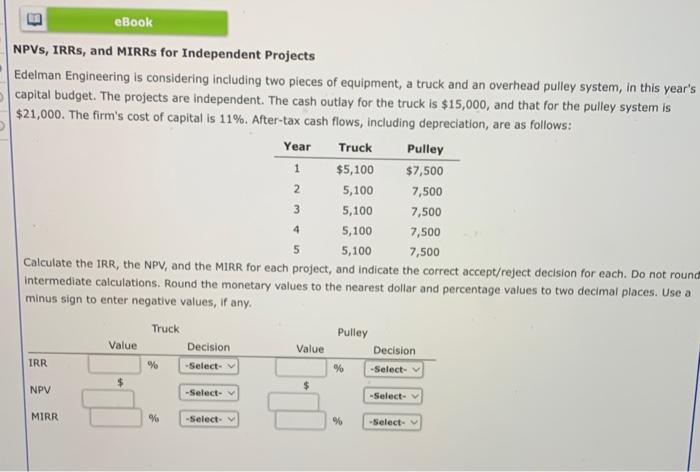 Solved Npvs Irrs And Mirrs For Independent Projects