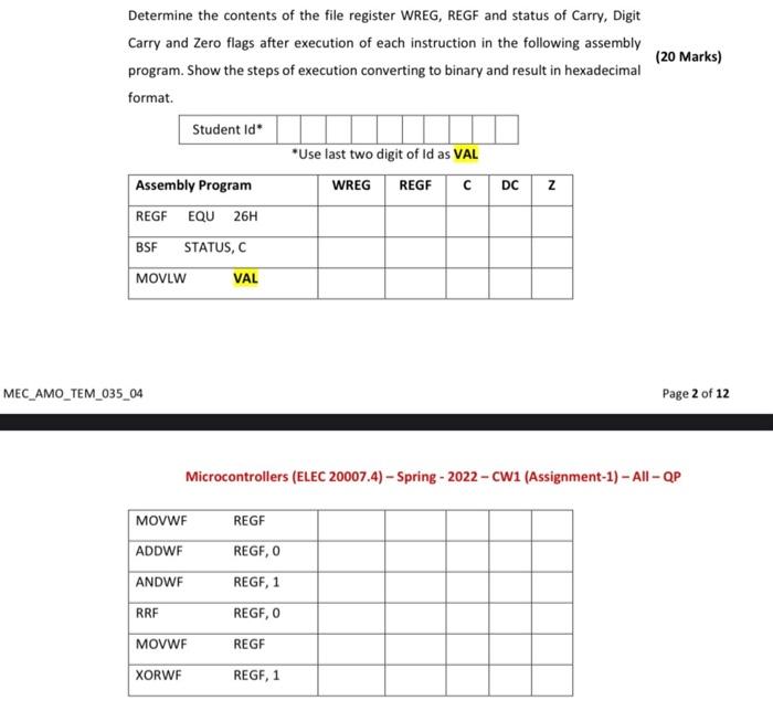 Solved Determine the contents of the file register WREG, | Chegg.com