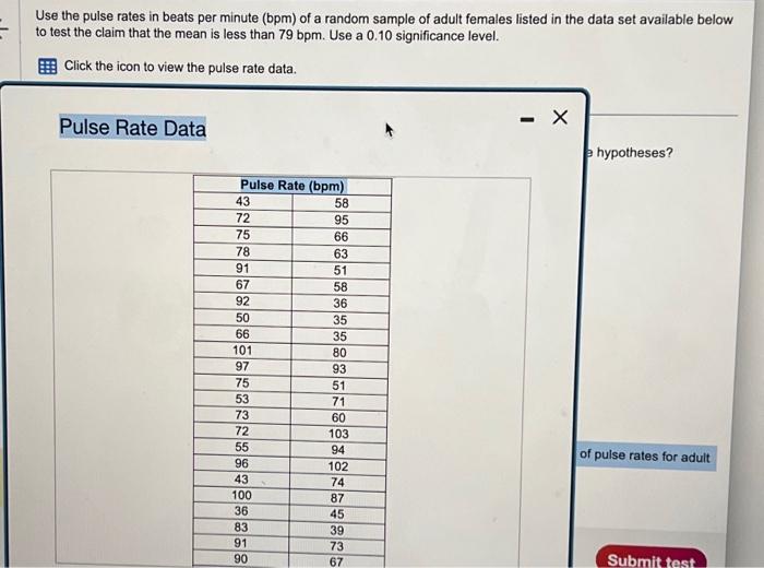 Solved Use the pulse rates in beats per minute (bpm) of a | Chegg.com
