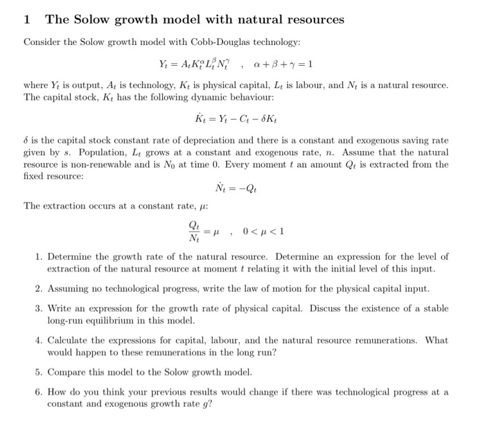 1 The Solow growth model with natural resources | Chegg.com