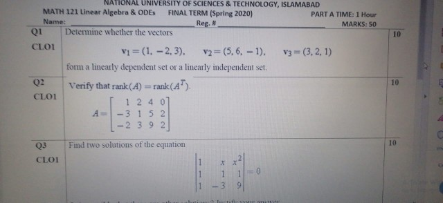 Solved TIONAL UNIVERSITY OF SCIENCES & TECHNOLOGY, ISLAMABAD | Chegg.com