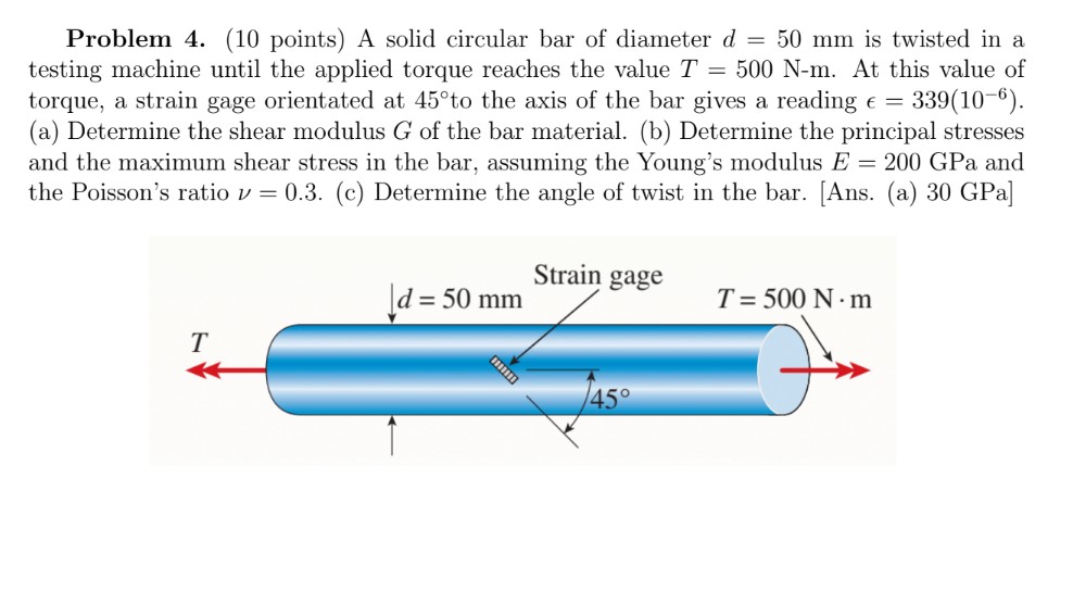 Solved Problem 4. (10 ﻿points) ﻿A solid circular bar of | Chegg.com