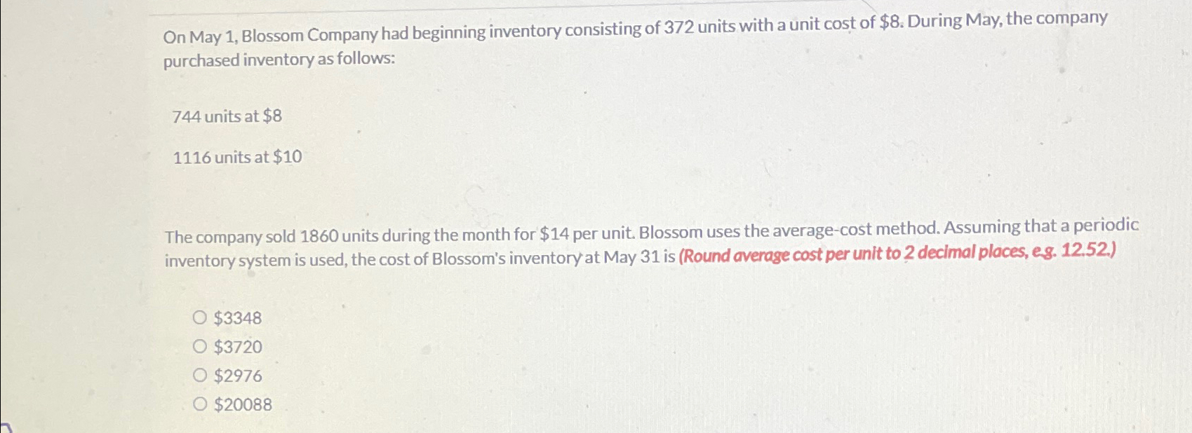 Solved On May 1, ﻿Blossom Company had beginning inventory | Chegg.com
