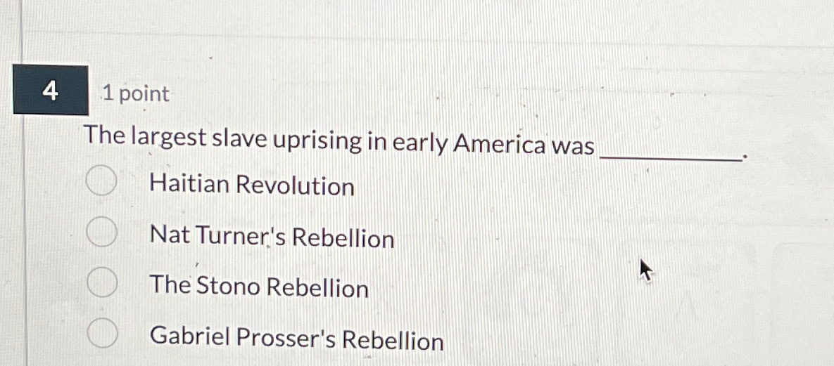 Solved 1 ﻿pointThe largest slave uprising in early America | Chegg.com