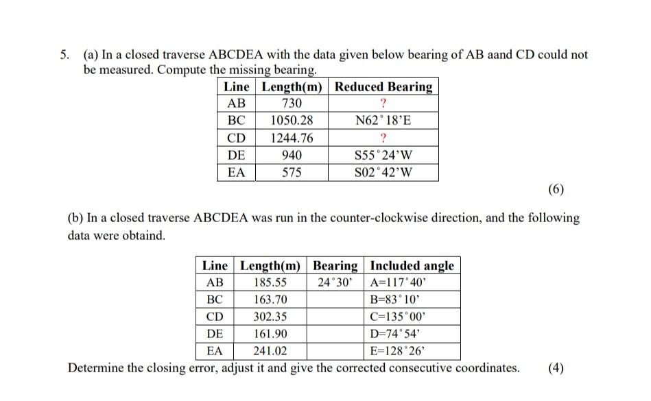 Solved 5. (a) In a closed traverse ABCDEA with the data | Chegg.com
