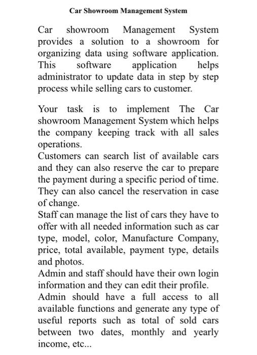 Solved Car Showroom Management System Car showroom | Chegg.com