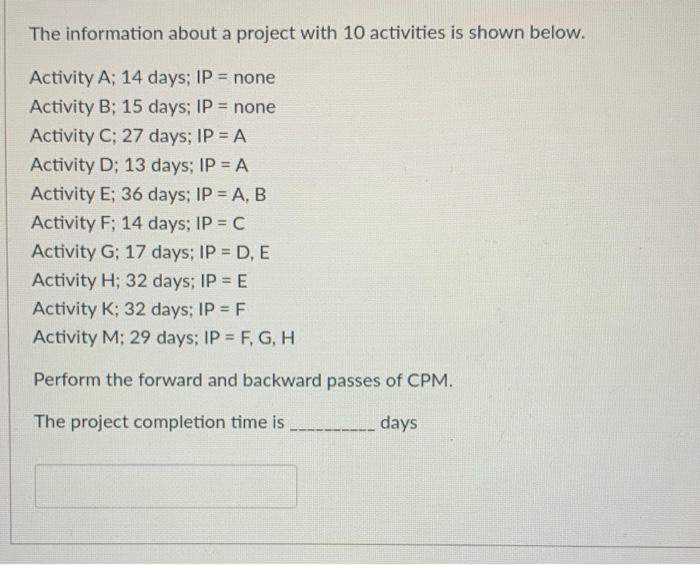 Solved The information about a project with 10 activities is | Chegg.com