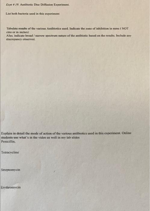 Solved Expt # 19. Antibiotic Disc Diffusion Experiment. List | Chegg.com