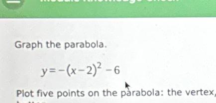 Solved Graph the parabola.y=-(x-2)2-6Plot five points on the | Chegg.com
