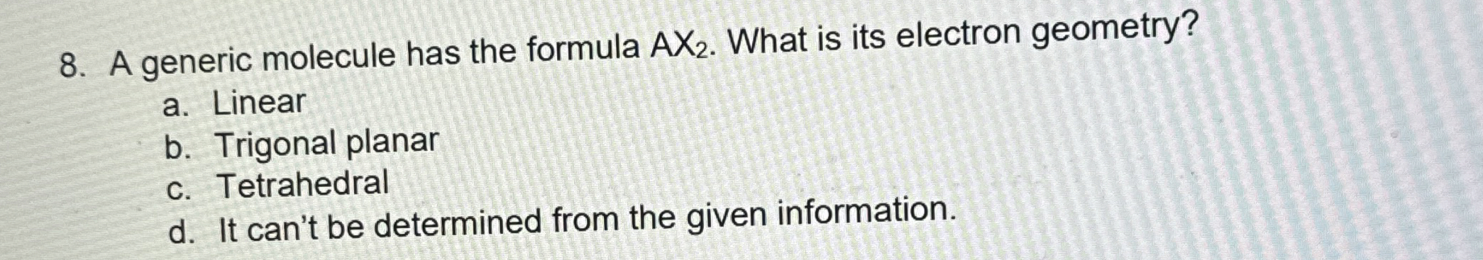 Solved A generic molecule has the formula Ax2. ﻿What is its | Chegg.com