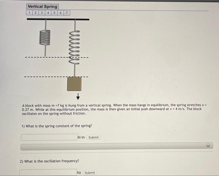 Solved Vertical Spring 1 2 4 5 6 7 A block with mass m -7 kg | Chegg.com