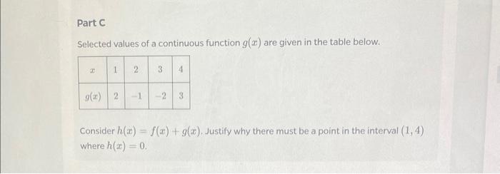 Part C Selected values of a continuous function g(x) | Chegg.com