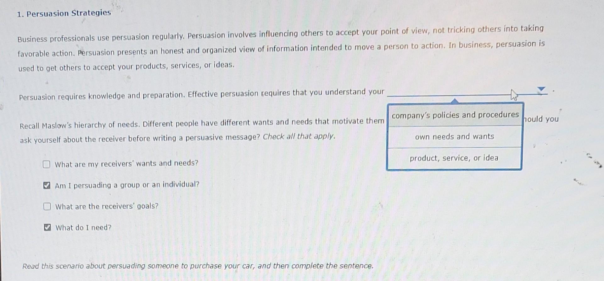 Solved 1. Persuasion Strategies Business professionals use | Chegg.com
