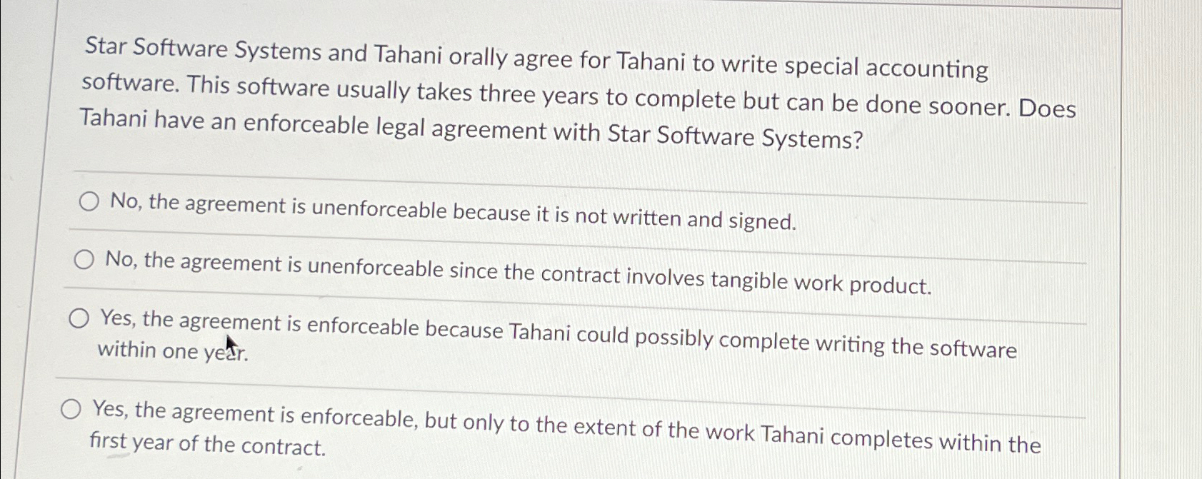 Solved Star Software Systems and Tahani orally agree for | Chegg.com