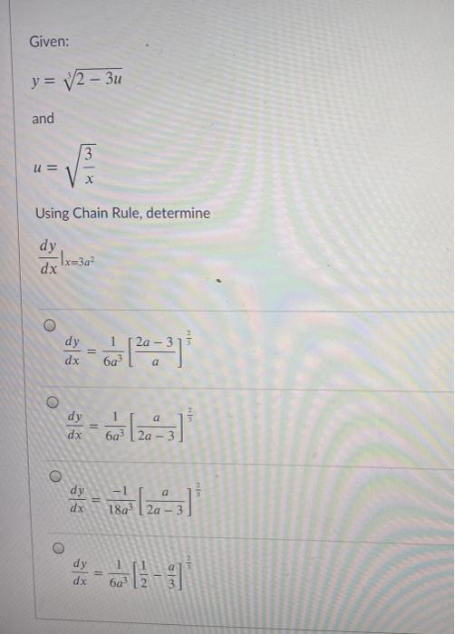 Solved Given: y= V2 - 3 and 3 U= х Using Chain Rule, | Chegg.com Solved Given: y= V2 - 3 and 3 U= х Using Chain Rule, | Chegg.com