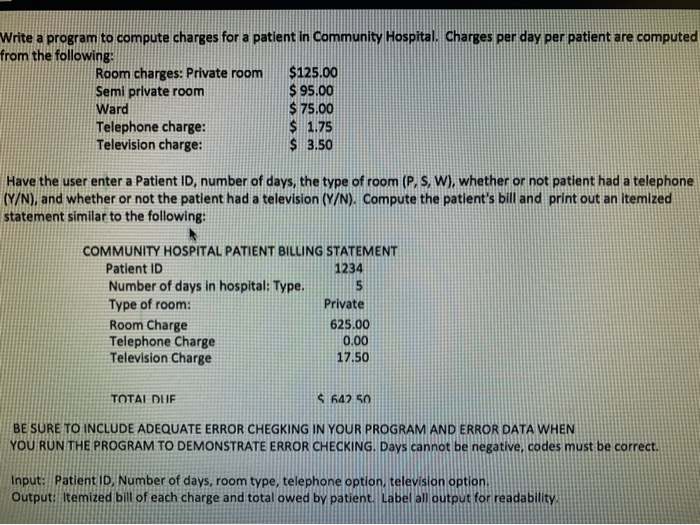 Solved Write a program to compute charges for a patient in | Chegg.com
